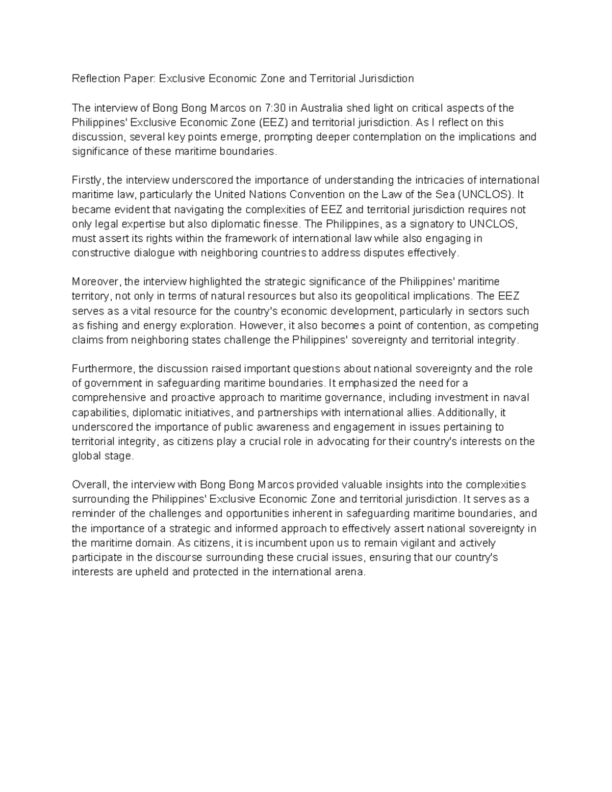 Reflection Paper- Exclusive Economic Zone and Territorial Jurisdiction ...