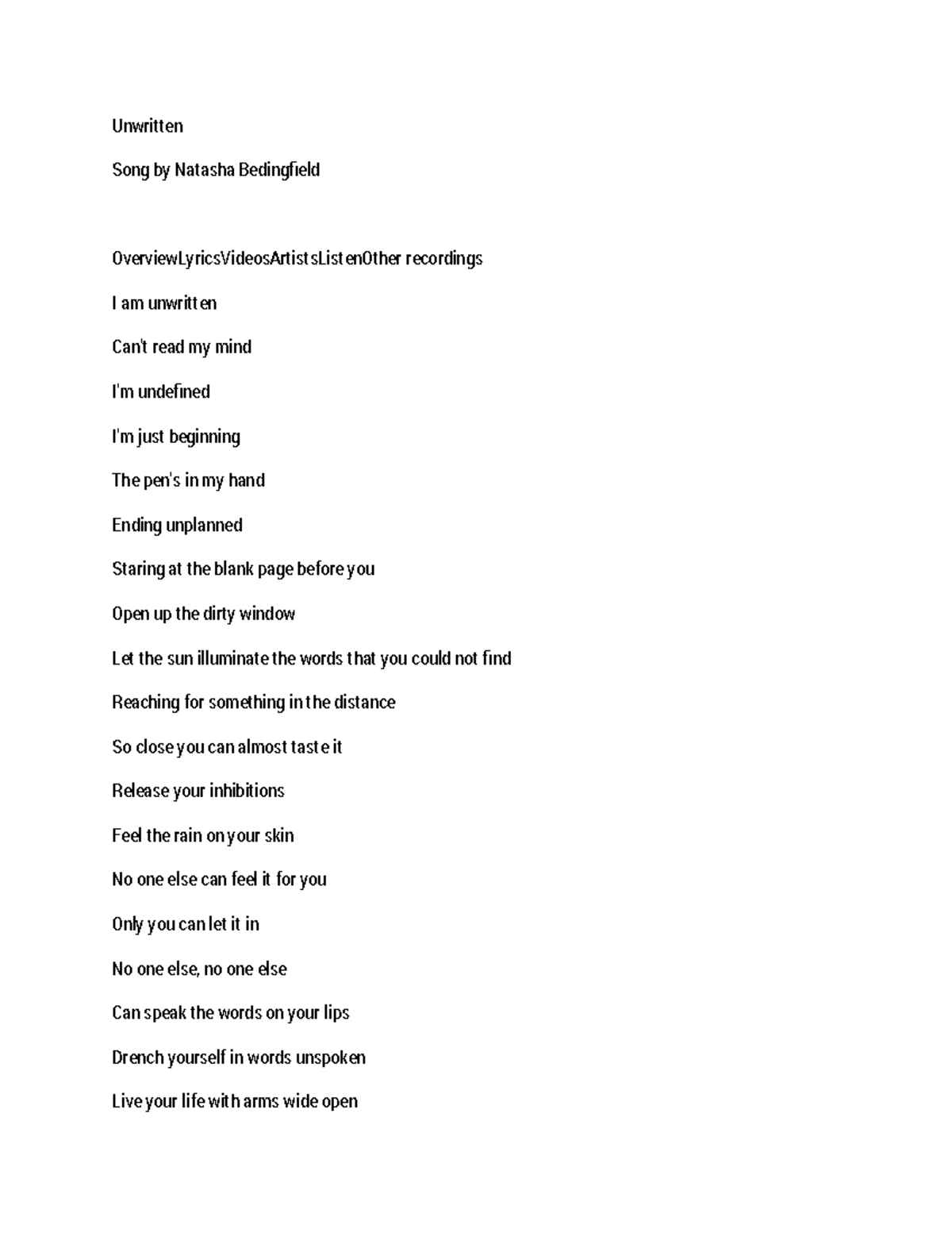 Unwritten Natasha - Song lyrics - Unwritten Song by Natasha Bedingfield ...
