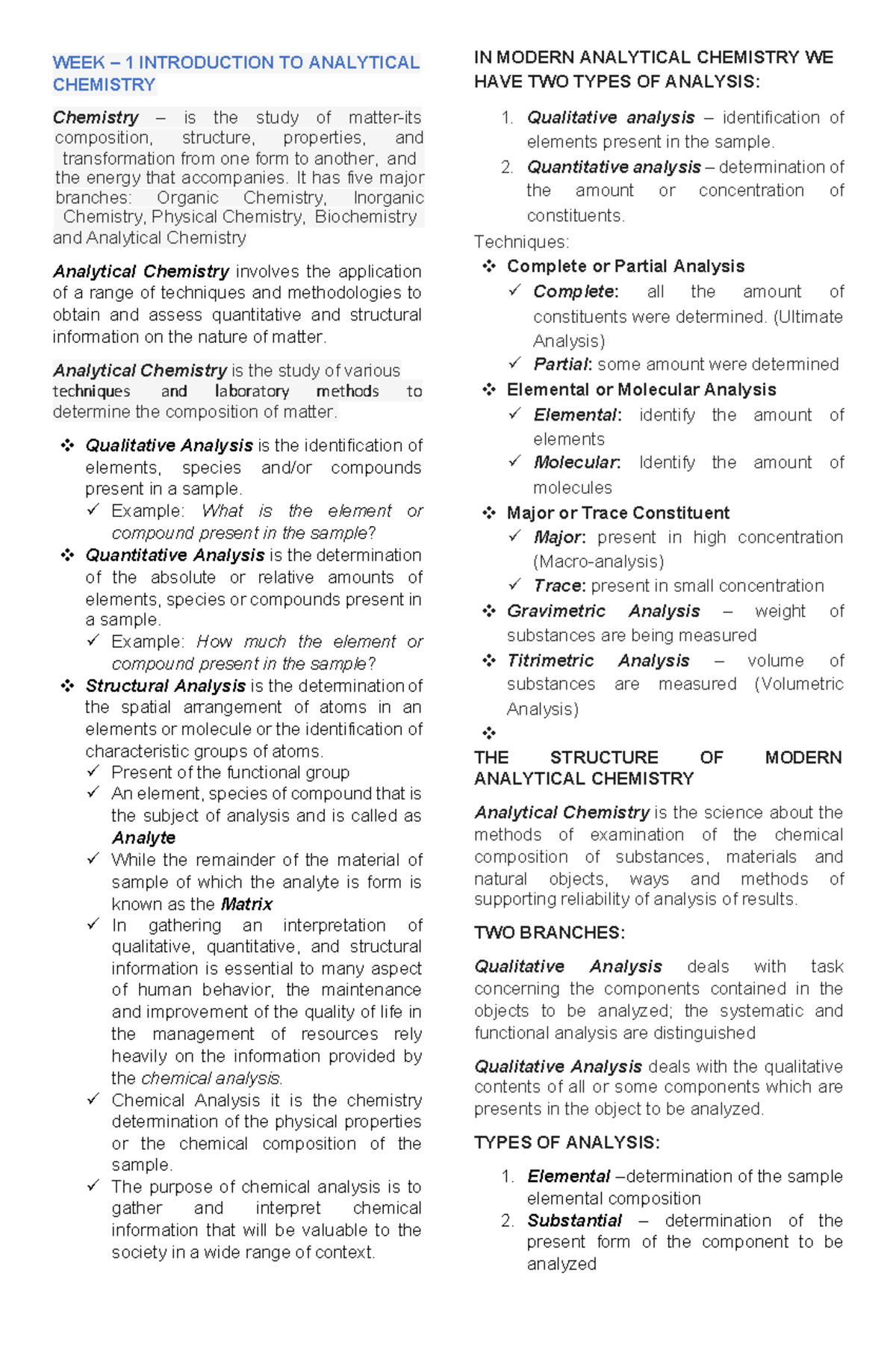 Analytical Chemistry Prelims Reviewer Revised - WEEK – 1 INTRODUCTION ...