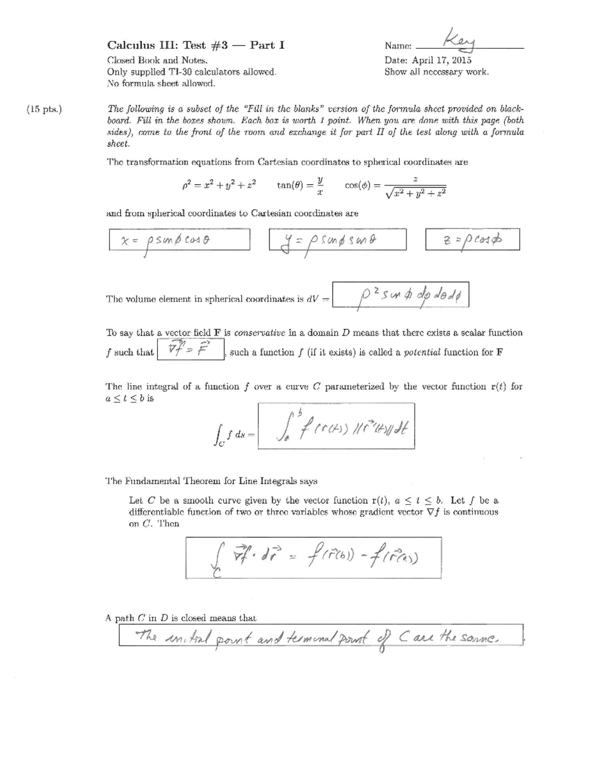 Test 3 Spring 2015 Key - Exam Key - MATH 251 - Studocu
