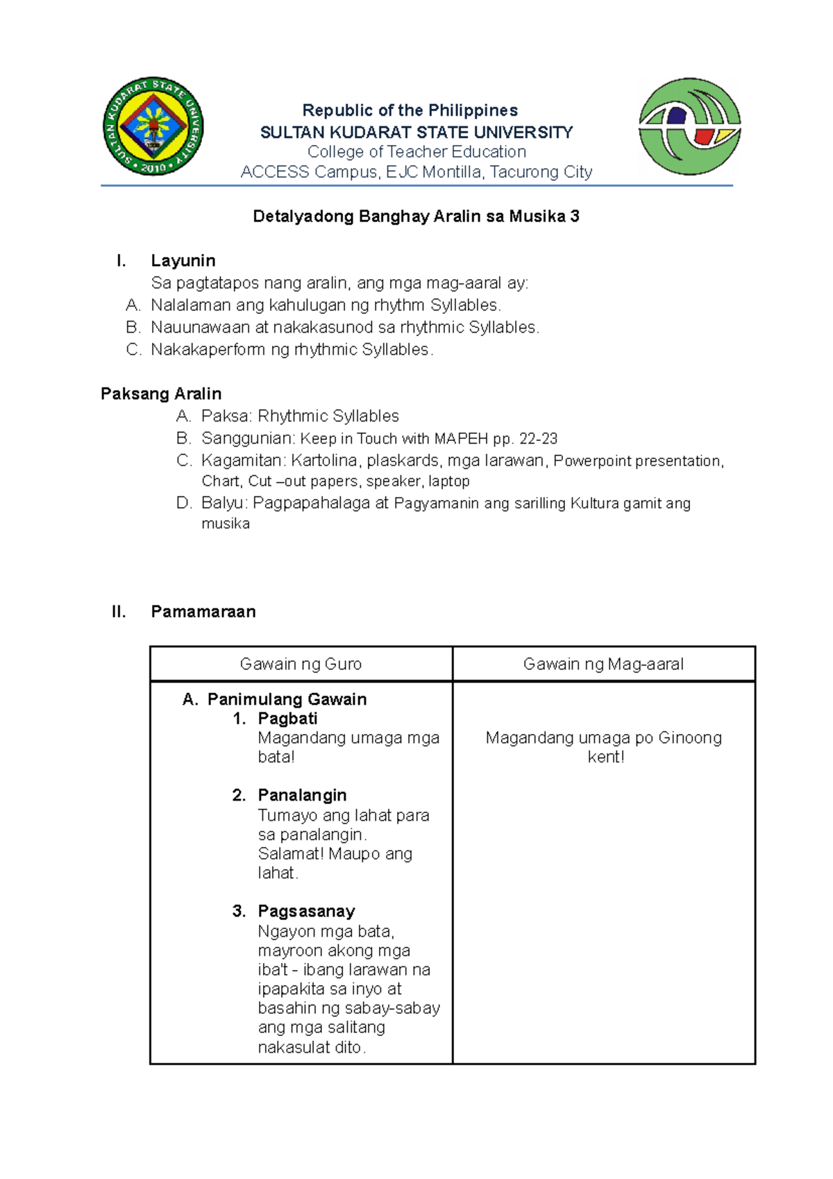 Banghay Aralin - PROPER FORMAT AND BASIC EXAMPLE OF LESSON PLAN IN ...