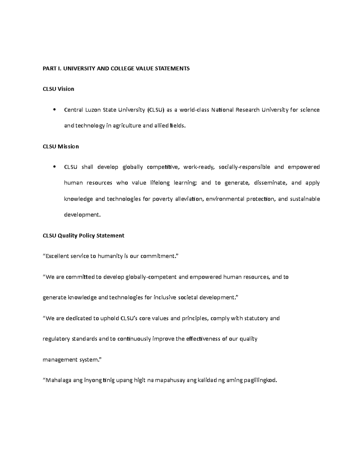 Insights about CLSU - PART I. UNIVERSITY AND COLLEGE VALUE STATEMENTS ...