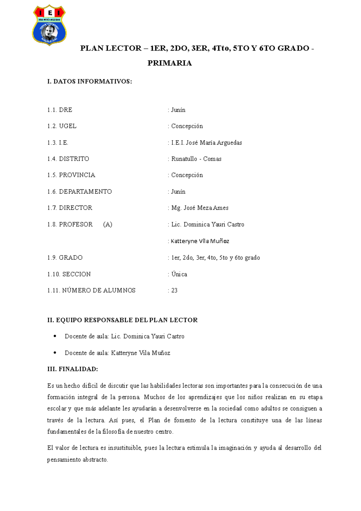 PLAN Lector 1,2,3,4,5 y6 grado - PLAN LECTOR – 1ER, 2DO, 3ER, 4Tto, 5TO ...