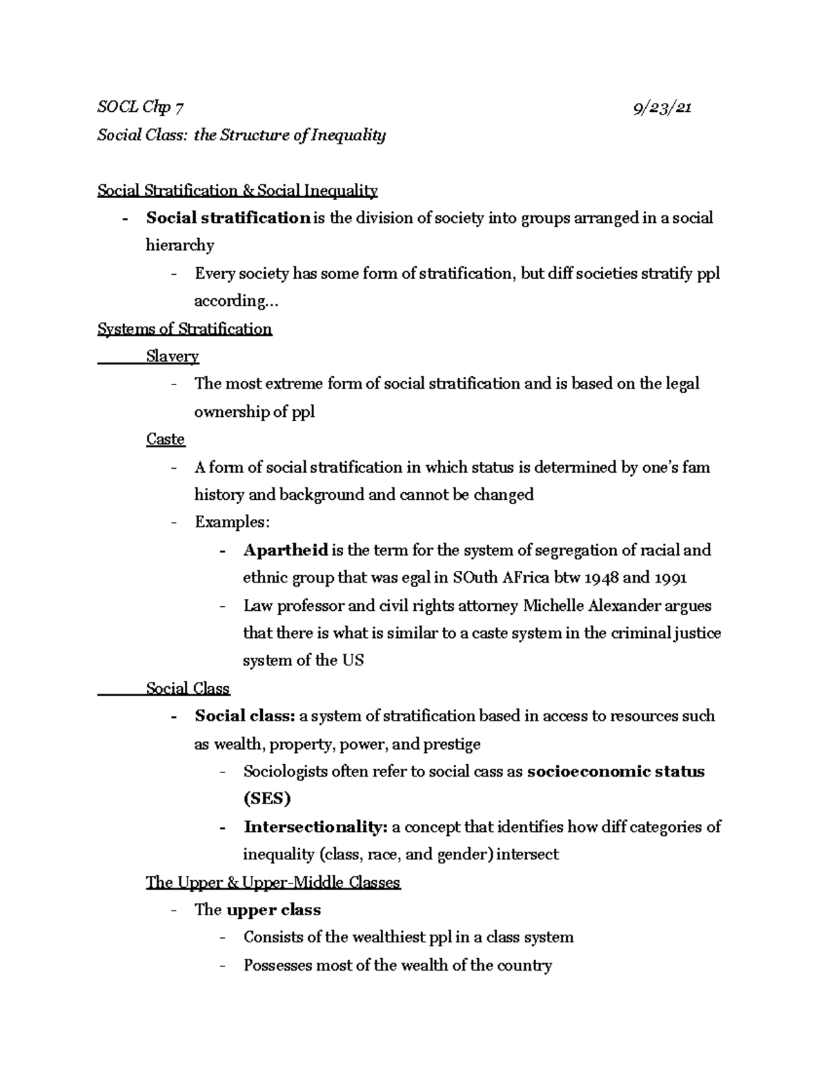 Sociology lecture 7 - Detailed notes from class - SOCL Chp 7 9/23 ...
