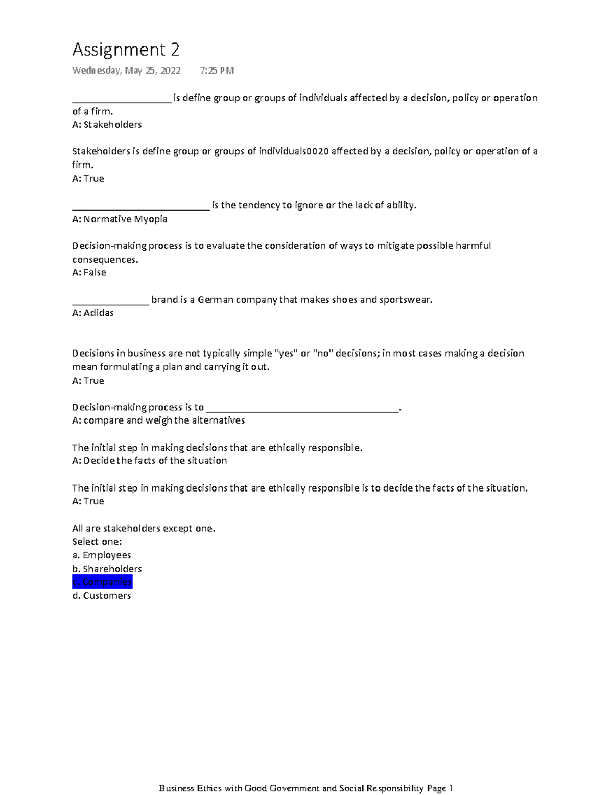 Business Ethics Assignment 2 - __________________ is define group or ...