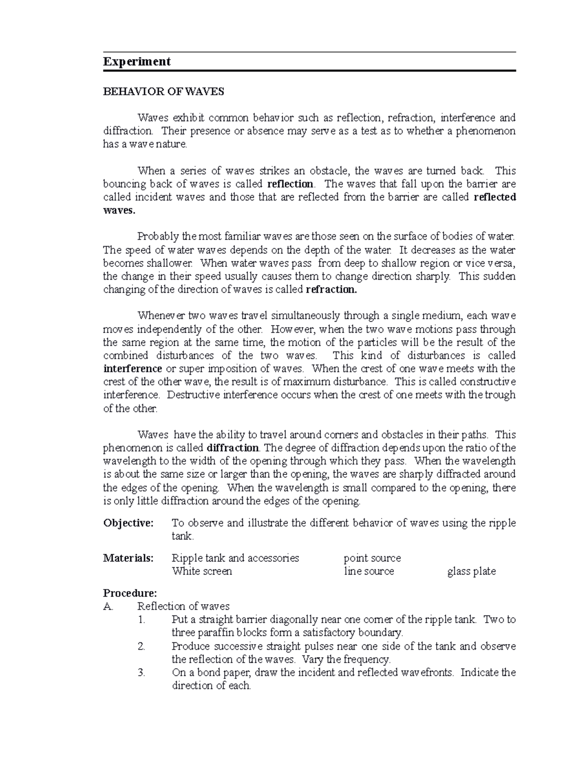 Expt Behavior of Waves-1 - Experiment BEHAVIOR OF WAVES Waves exhibit ...