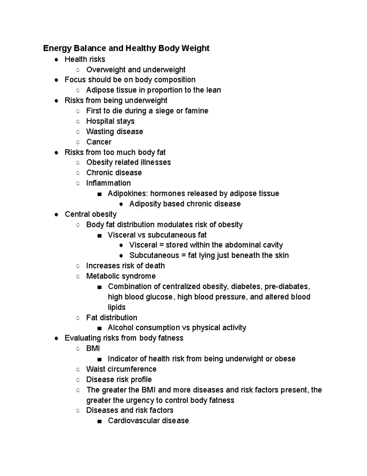 Nutrition notes - Energy Balance and Healthy Body Weight Health risks ...
