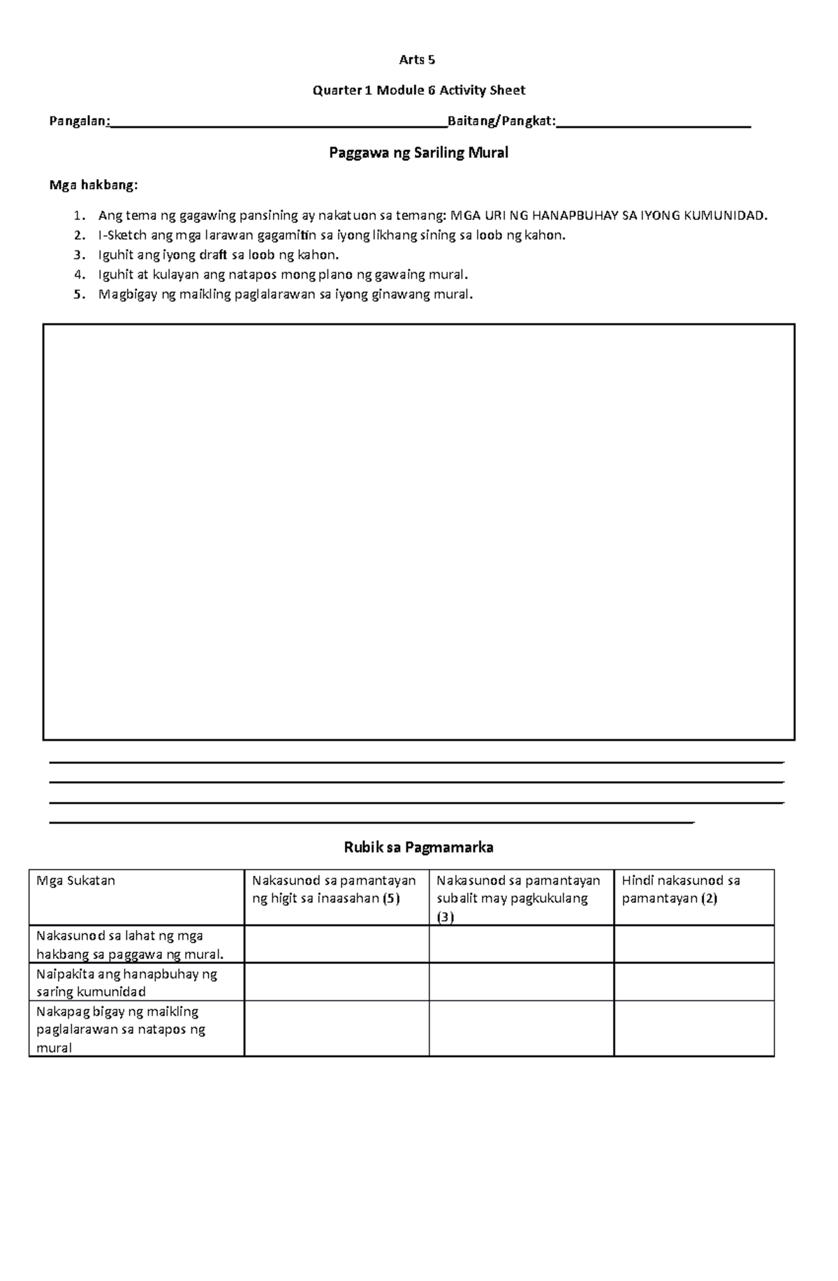 Arts 5 Quarter 1 Module 6 - Arts 5 Quarter 1 Module 6 Activity Sheet ...