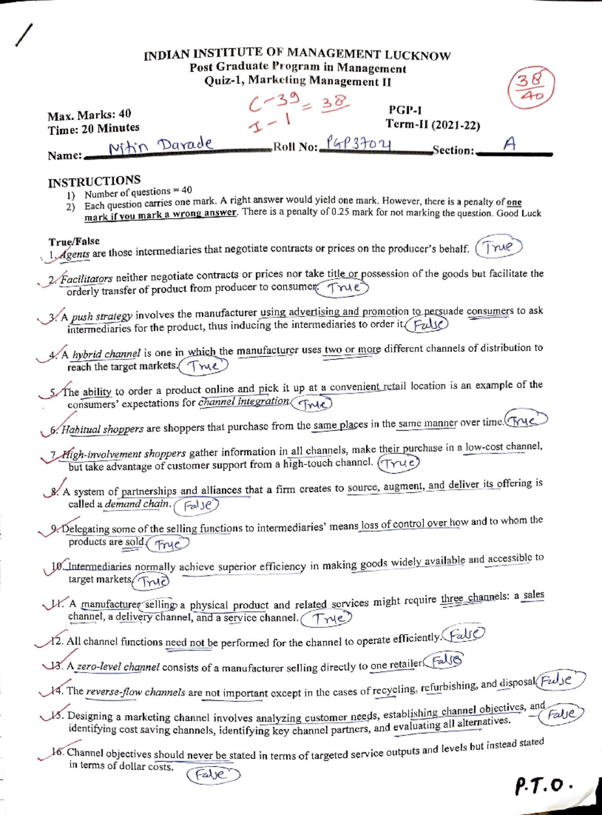 PGP 37 - MM2 - PPD - Quiz 1 - quiz - INDIAN INSTITUTE OF MANAGEMENT LUCKNOW Post Graduate ...