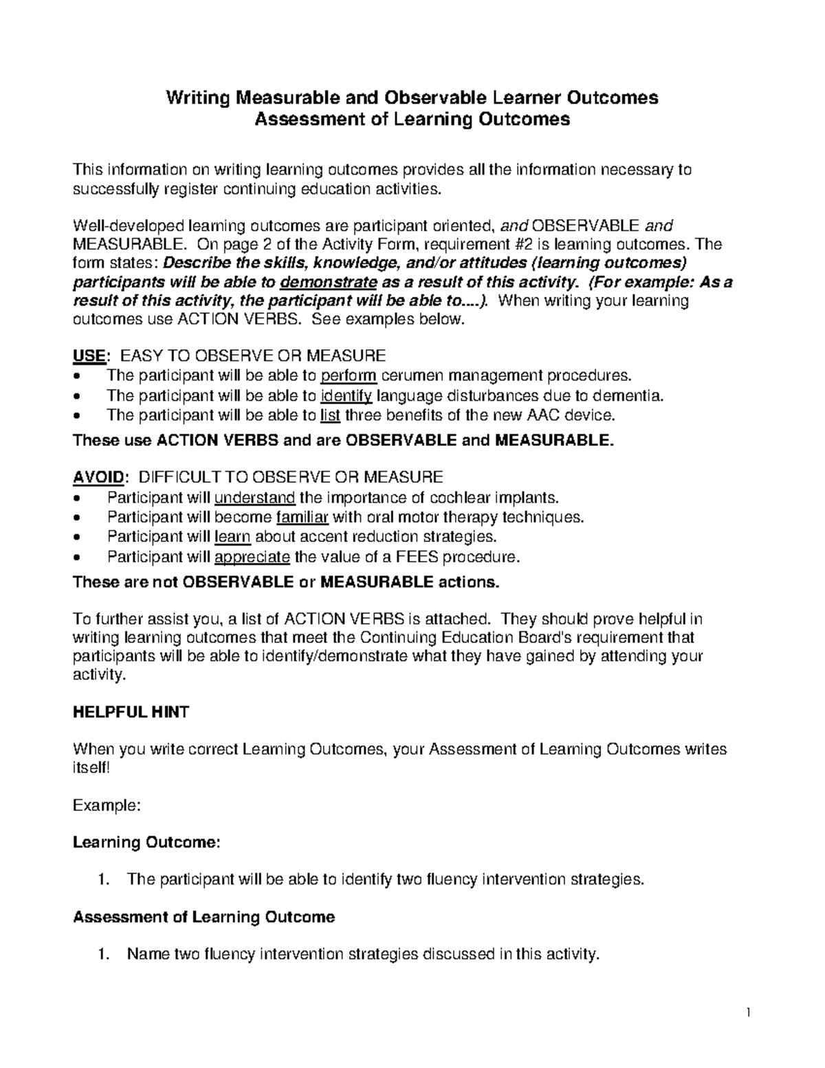 Writing Learning Outcomes Assessment of - Writing Measurable and ...