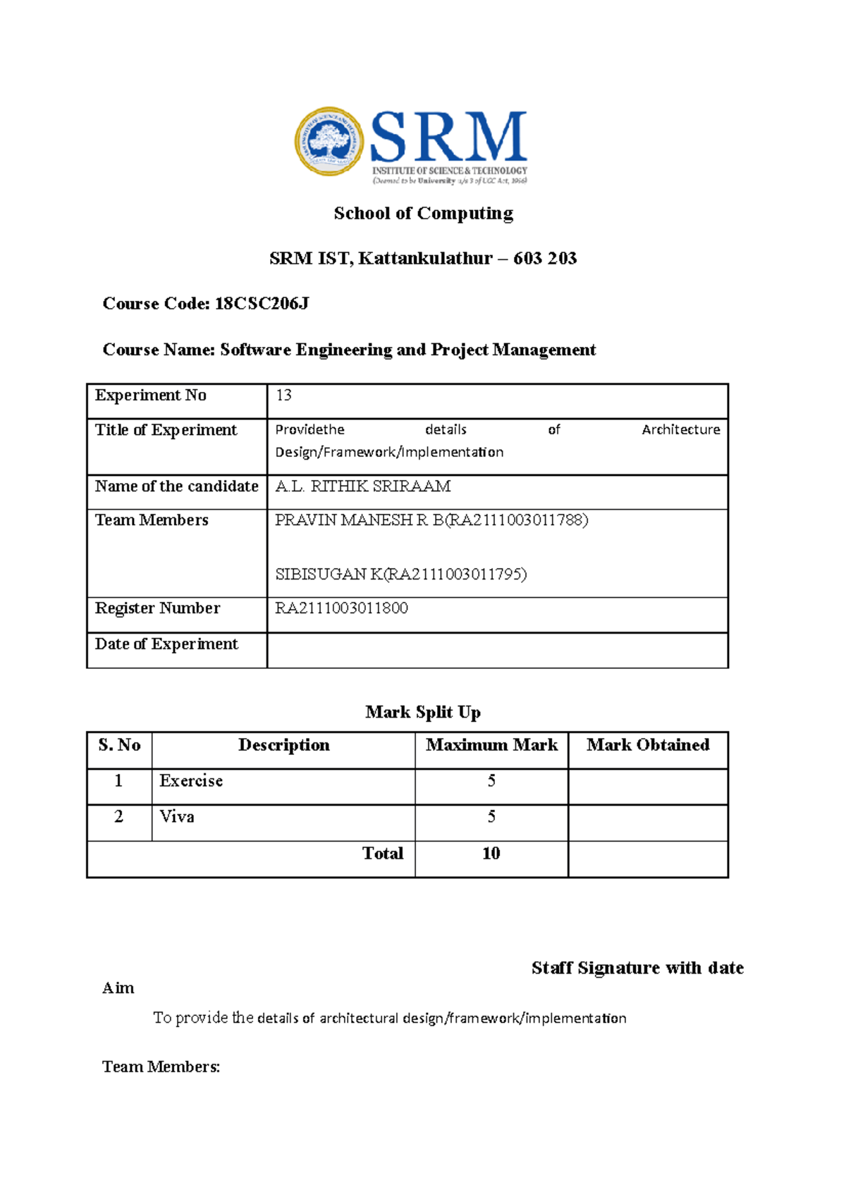 18CSC206J SEPM Ex 13 - week 13 - School of Computing SRM IST, Kattankulathur – 603 203 Course ...