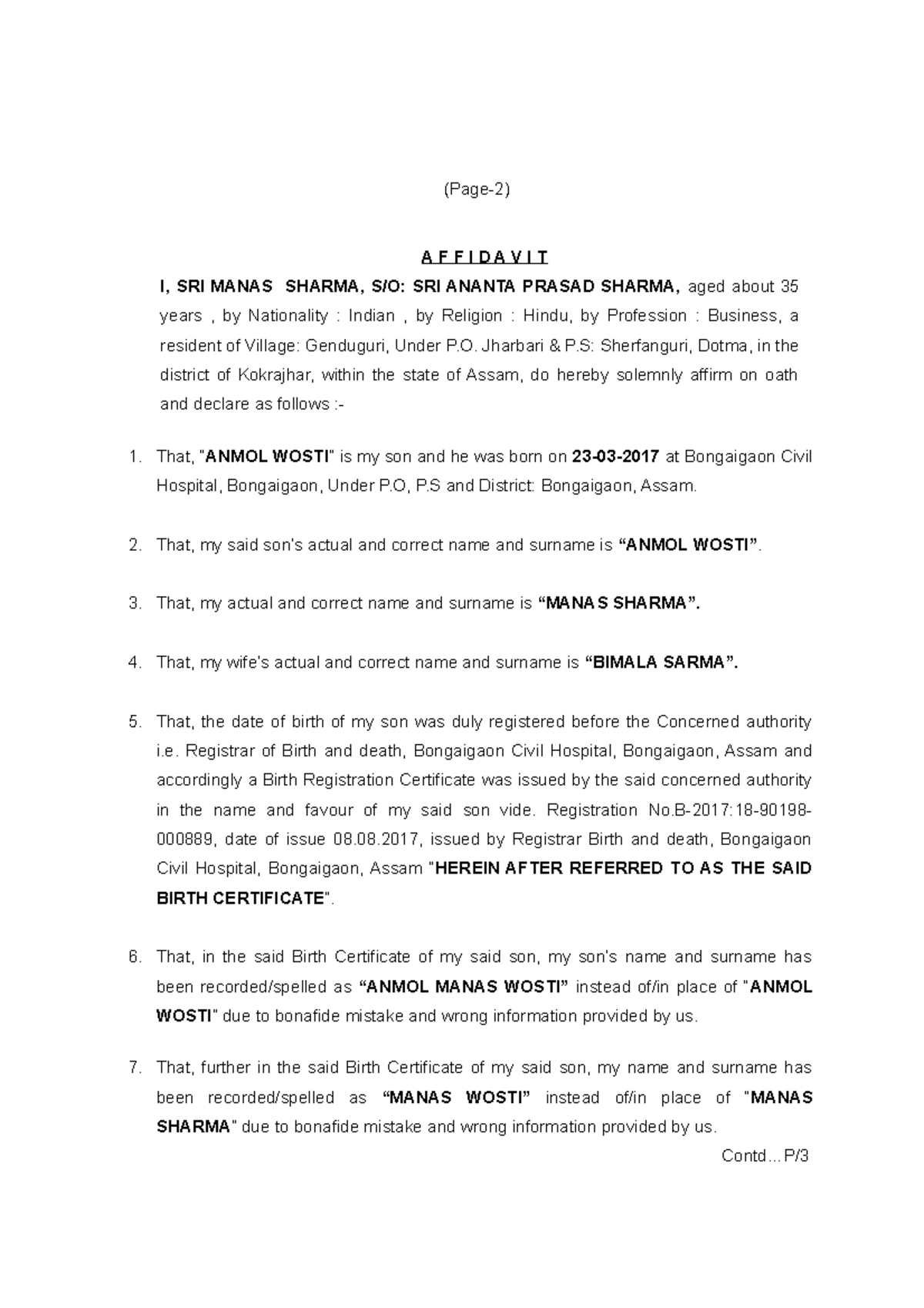 ARUN Sarma Birth - N.A - (Page-2) A F F I D A V I T I, SRI MANAS SHARMA ...