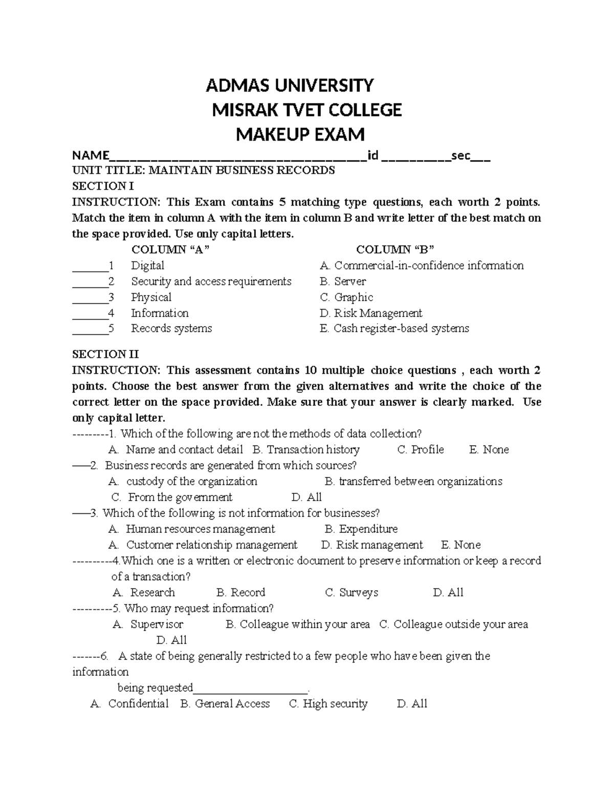 Maintain Business Records - ADMAS UNIVERSITY MISRAK TVET COLLEGE MAKEUP ...