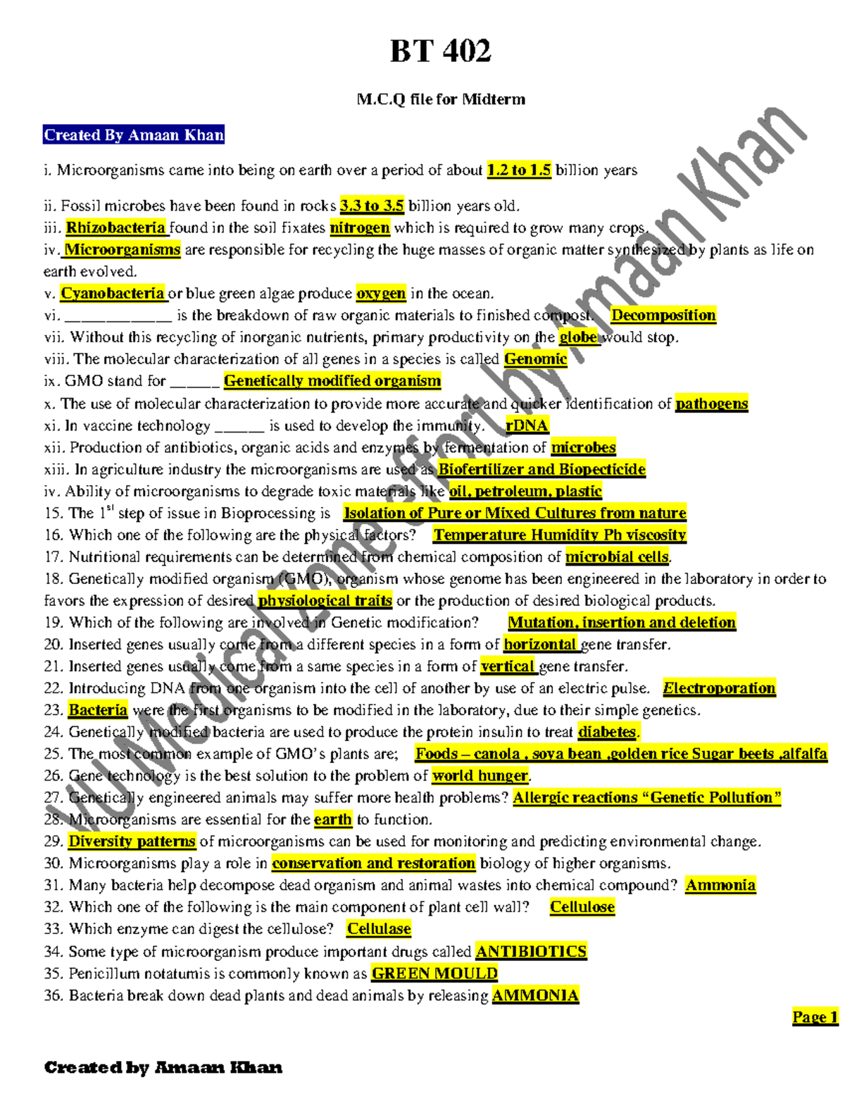BT 402 M.C.Q file By Amaan Khan - Created by Amaan Khan BT 402 M.C file for Midterm Created By ...