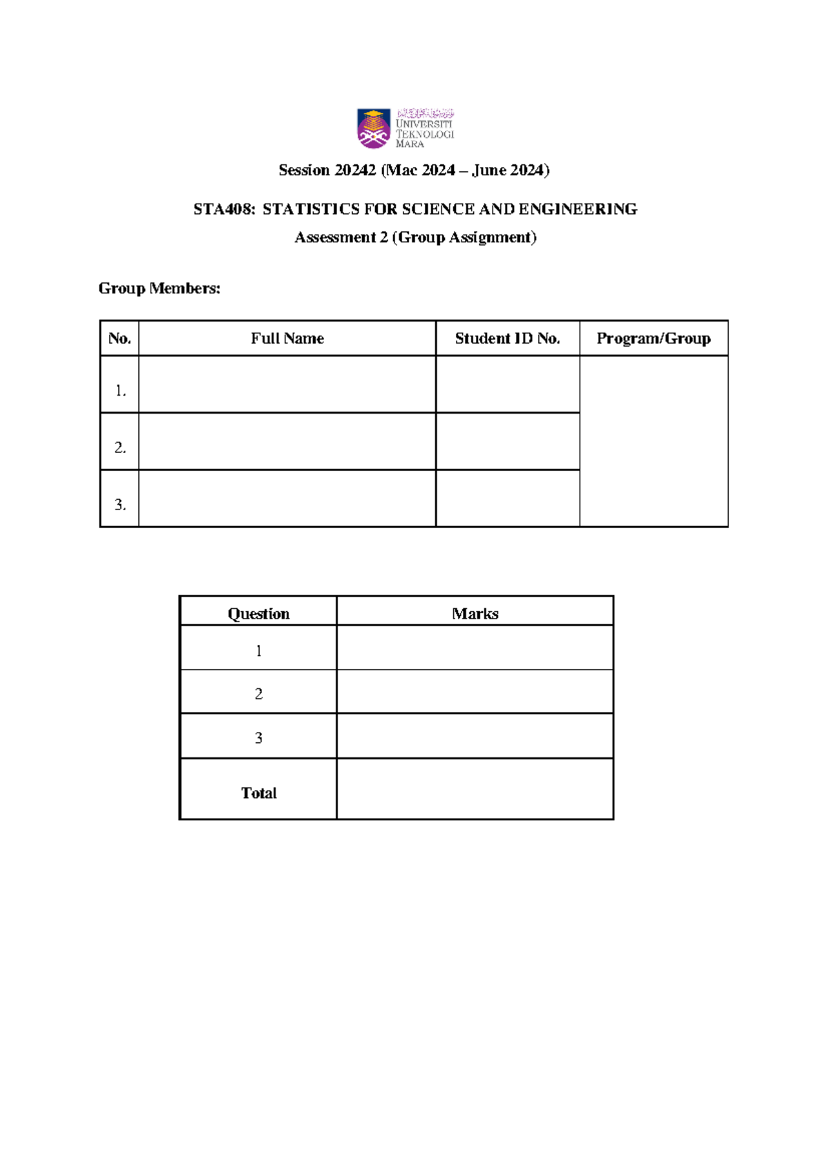 Statistics For Science And Engineering (STA408) - Session 20242 (Mac ...