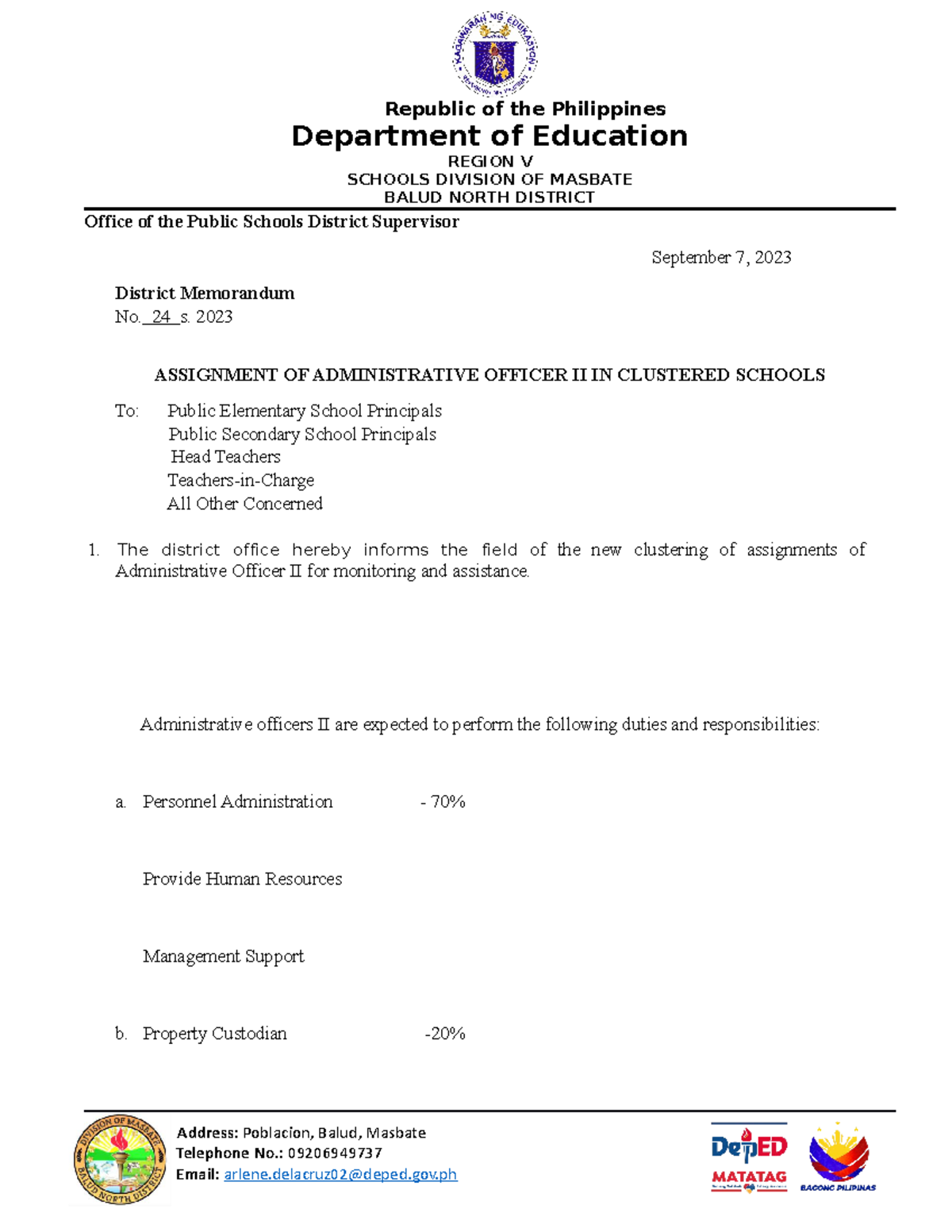 DM 24-AO II Clustered Schools - Republic of the Philippines Department of Education REGION V ...