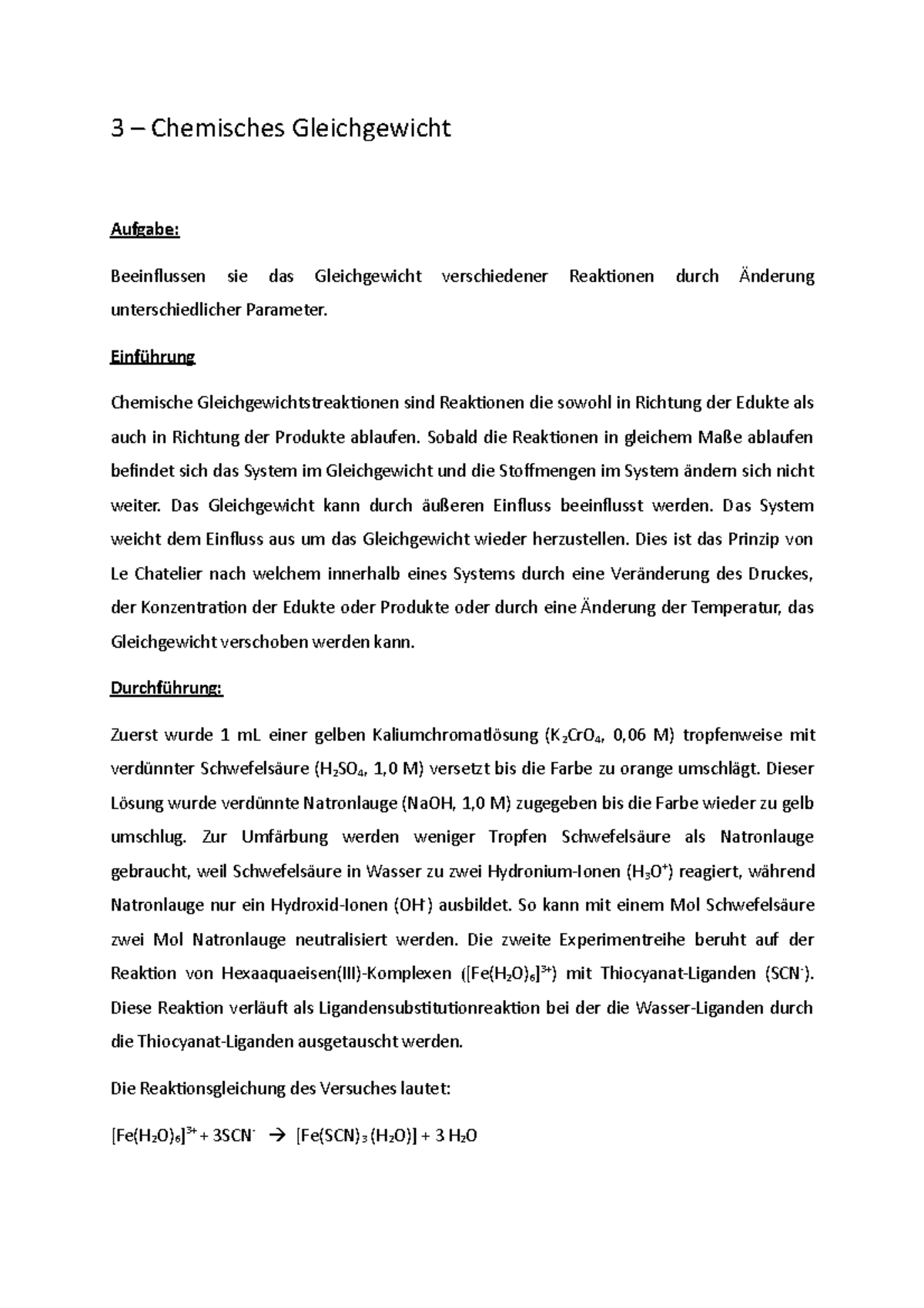 Protokoll - Chemisches Gleichgewicht (Laborpraktikum Allgemeine und ...