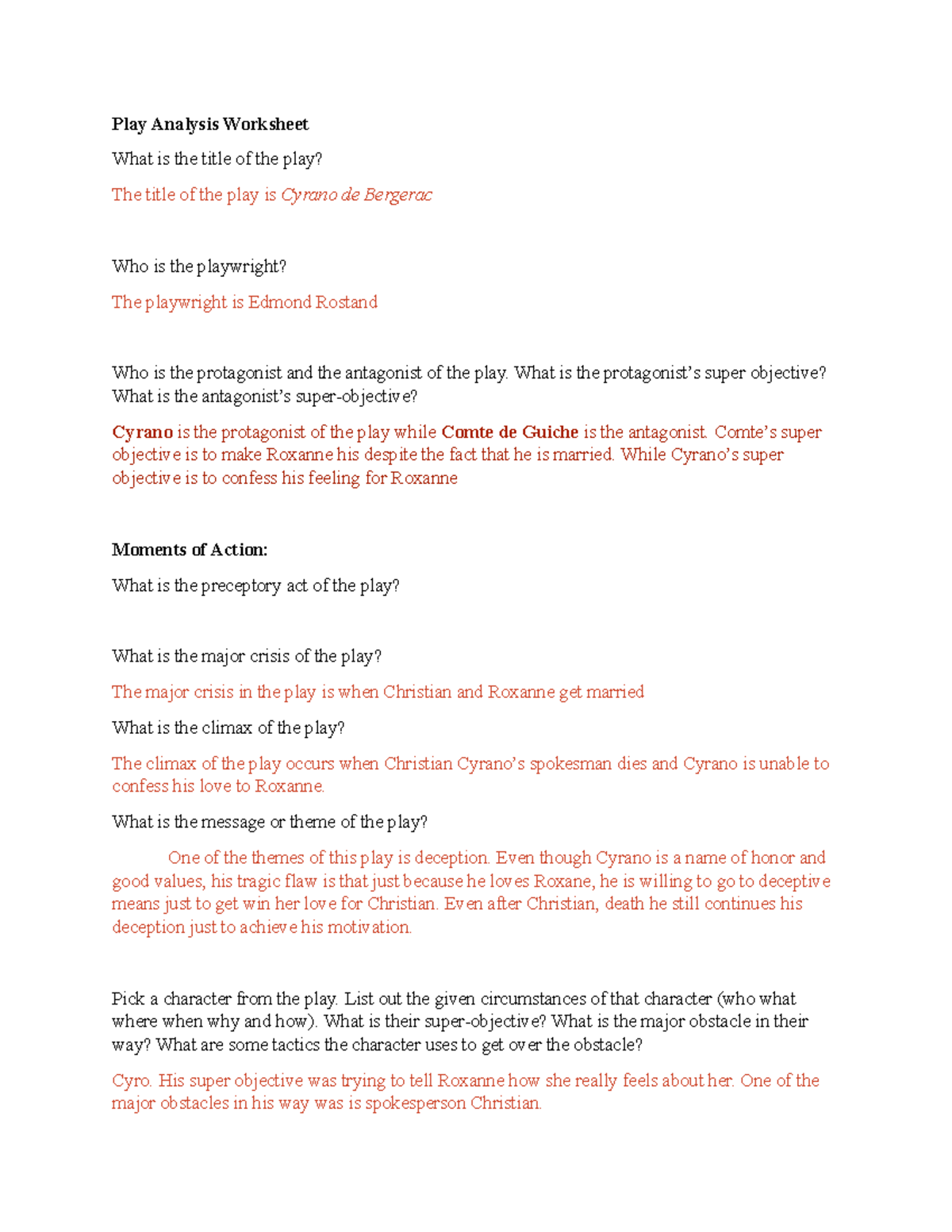 Play Analysis of Cyrano de Bergerac - Play Analysis Worksheet What is ...
