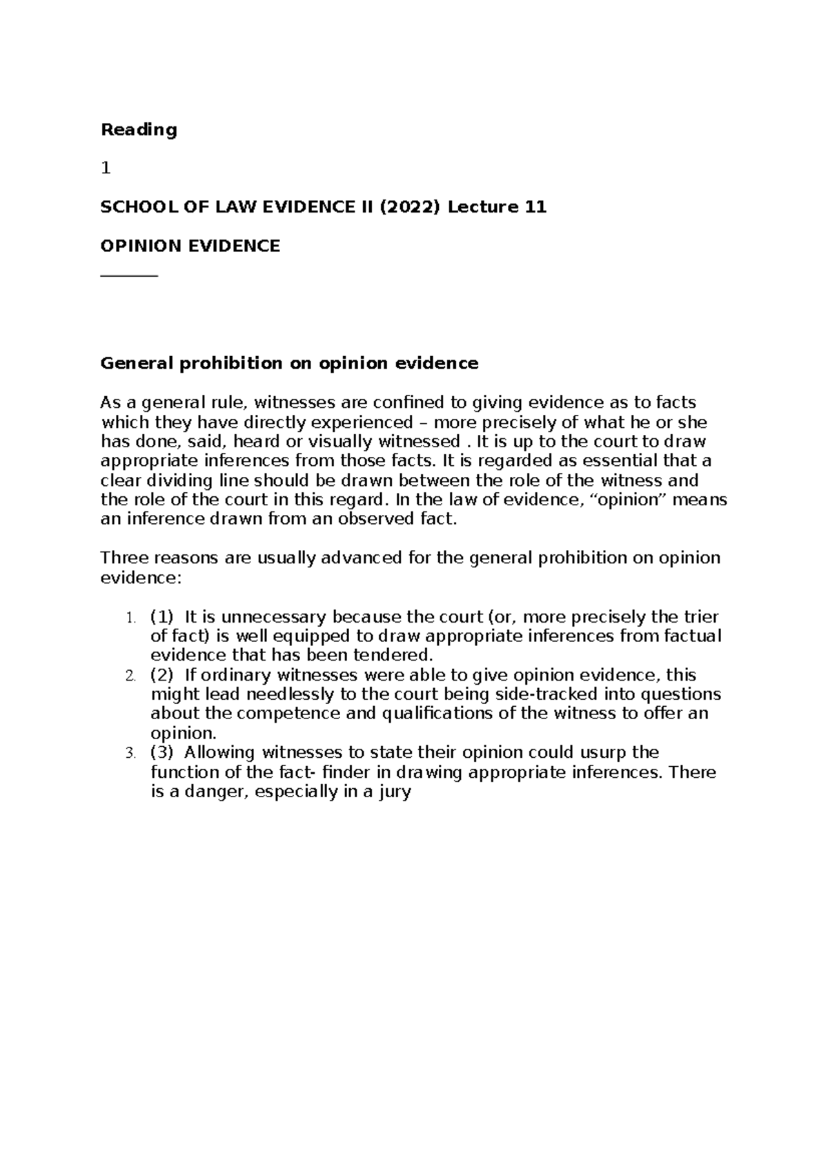 Opinon evidence full - summary - Reading 1 SCHOOL OF LAW EVIDENCE II ...