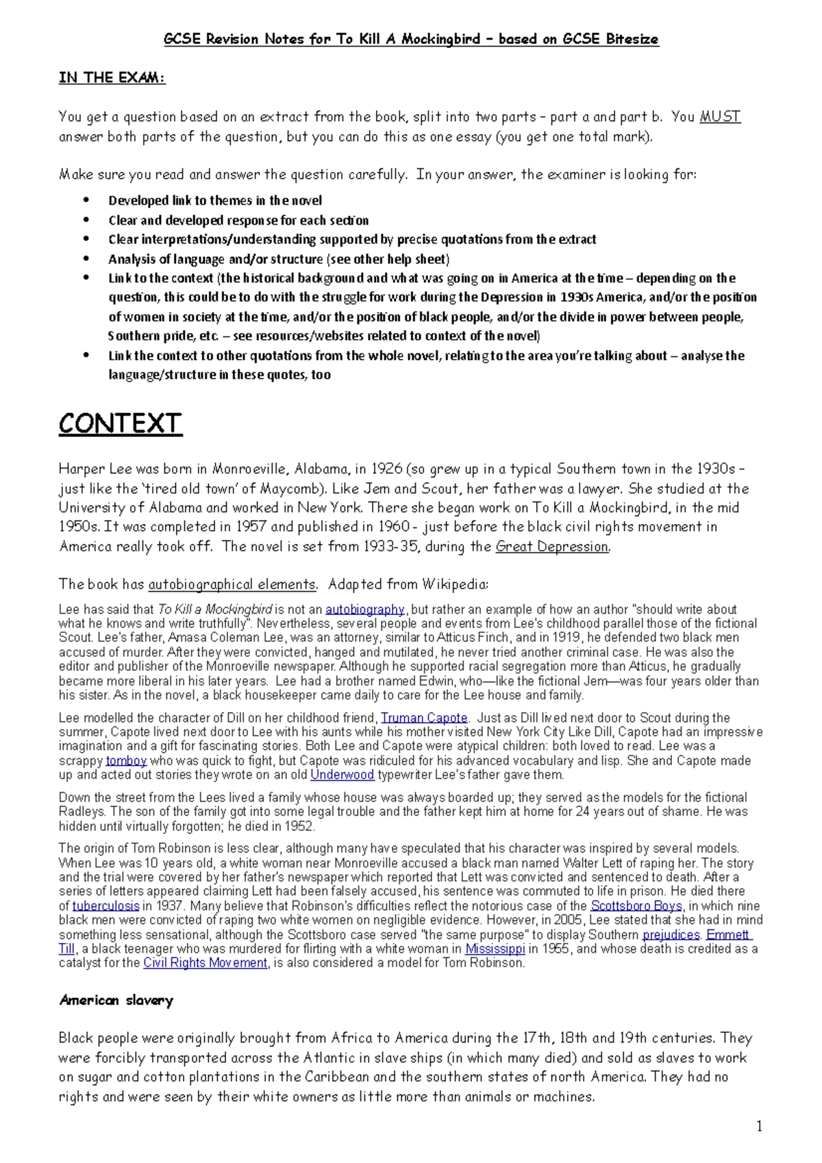 Mockingbird revision booklet - GCSE Revision Notes for To Kill A ...