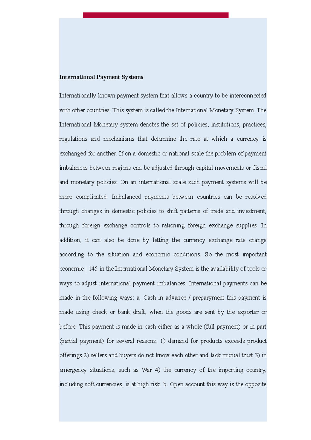 Notes Economics - International Payment Systems - International Payment ...