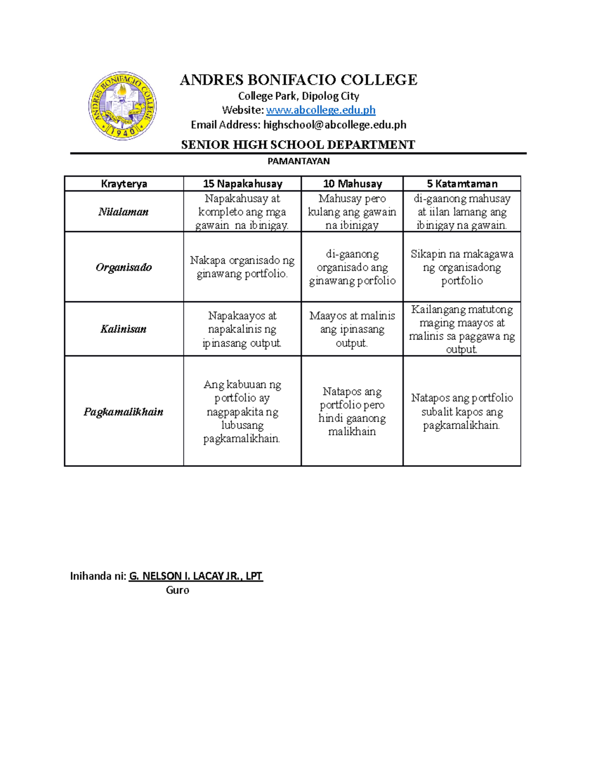 Pinal NA E Portfolio SA Grade 11 Filipino - ANDRES BONIFACIO COLLEGE ...