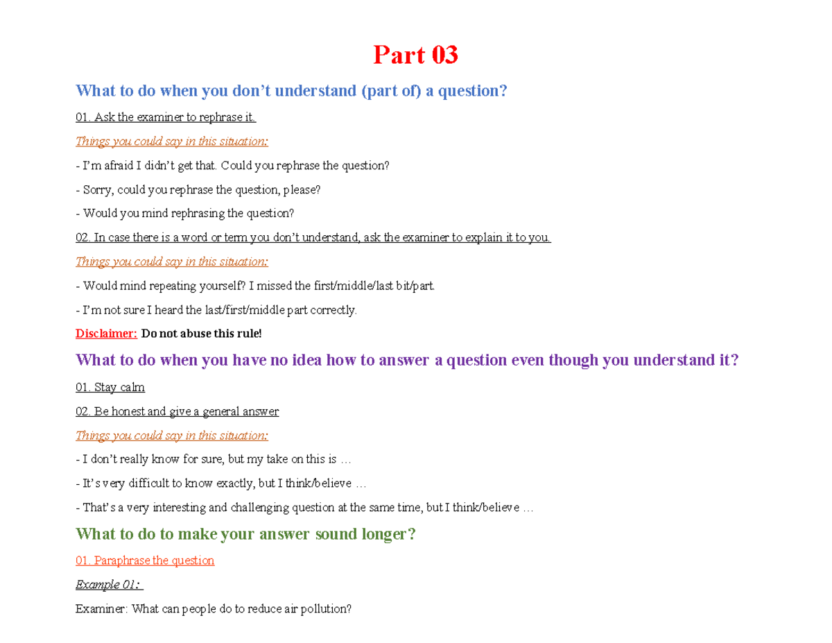 Speaking How to deal with difficult questions in Part 03 - Part 03 What ...