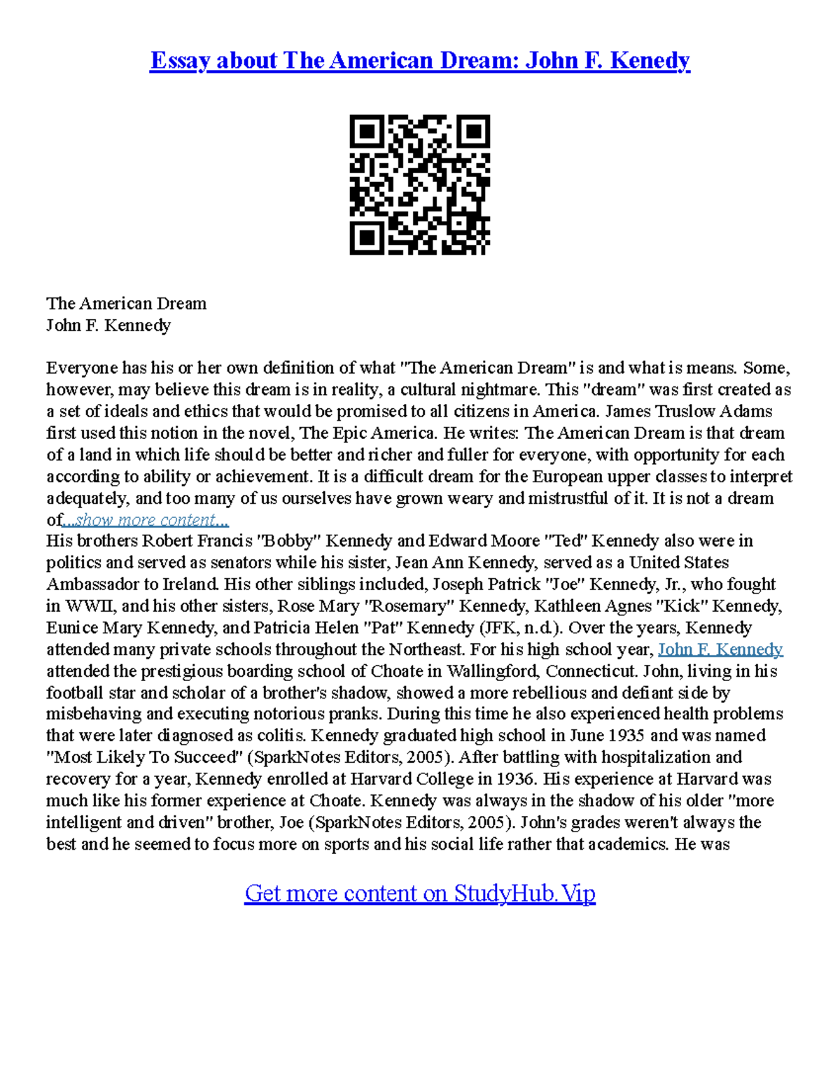 Essay About The American Dream - Kenedy The American Dream John F ...
