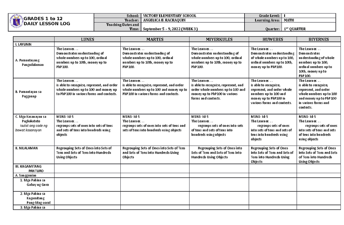 DLL MATH 1 Q1 W3 - Daily lesson log - GRADES 1 to 12 DAILY LESSON LOG ...