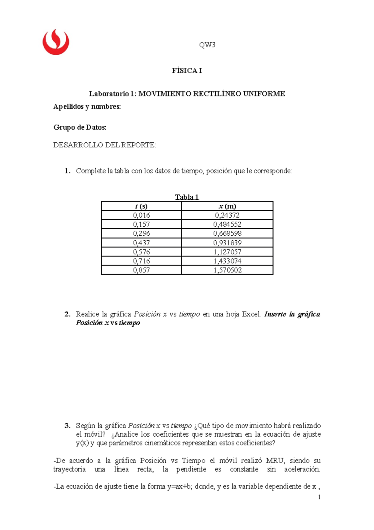 Reporte De Laboratorio Nº1 Mru De Física I Ac Grupo 8 Fisica San