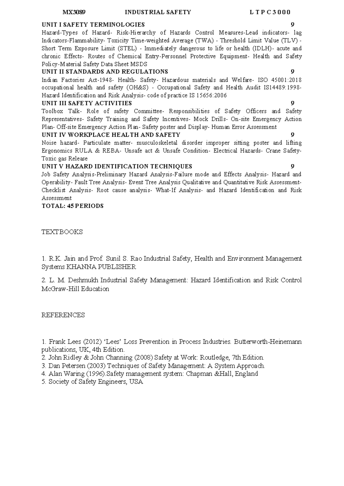 MX3089 Syllabus - MX3089 INDUSTRIAL SAFETY L T P C 3 0 0 0 UNIT I SAFETY TERMINOLOGIES 9 - Studocu