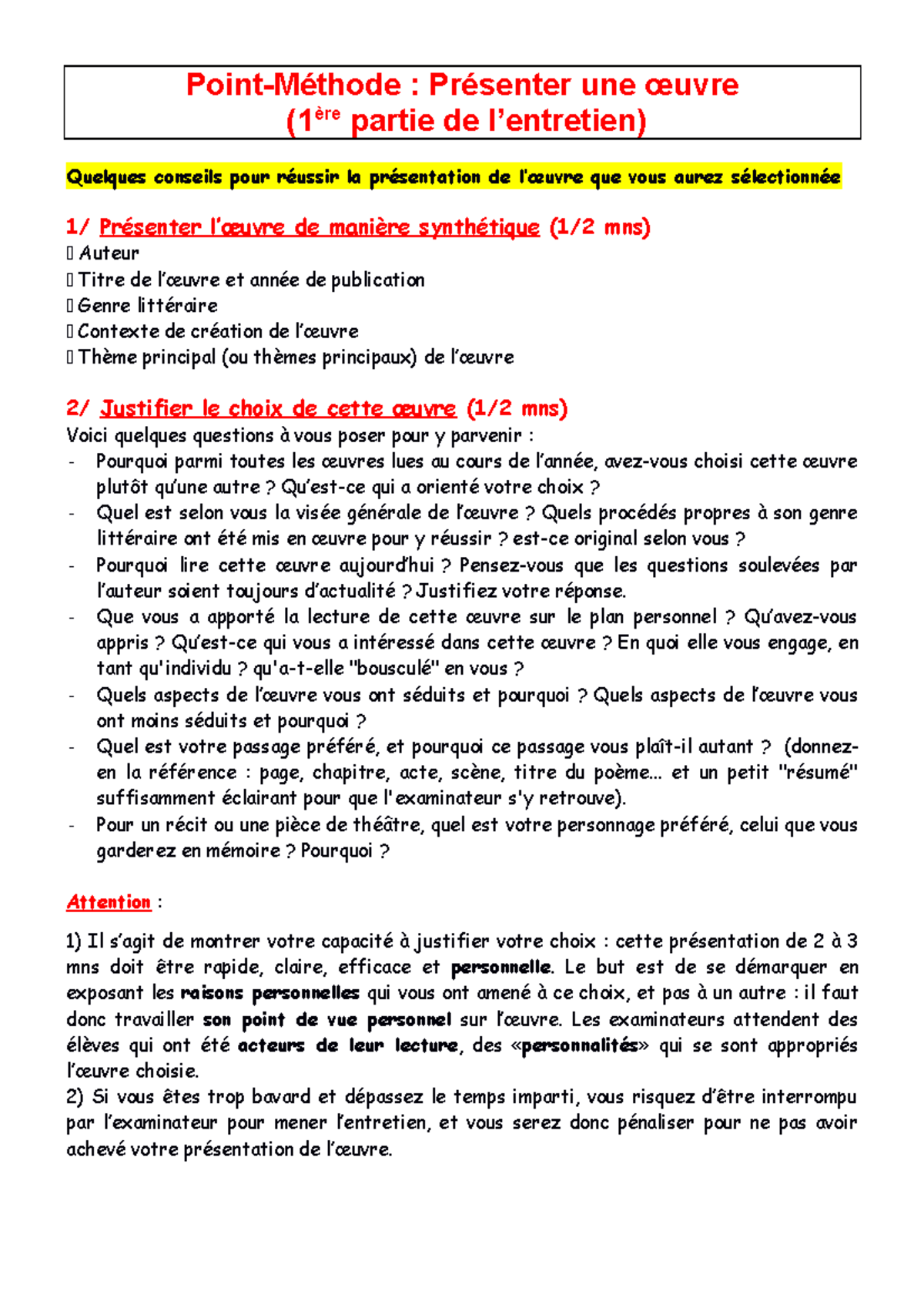 MISE AU Point LA Presentation DE L' Oeuvre 3 - Point-Méthode ...