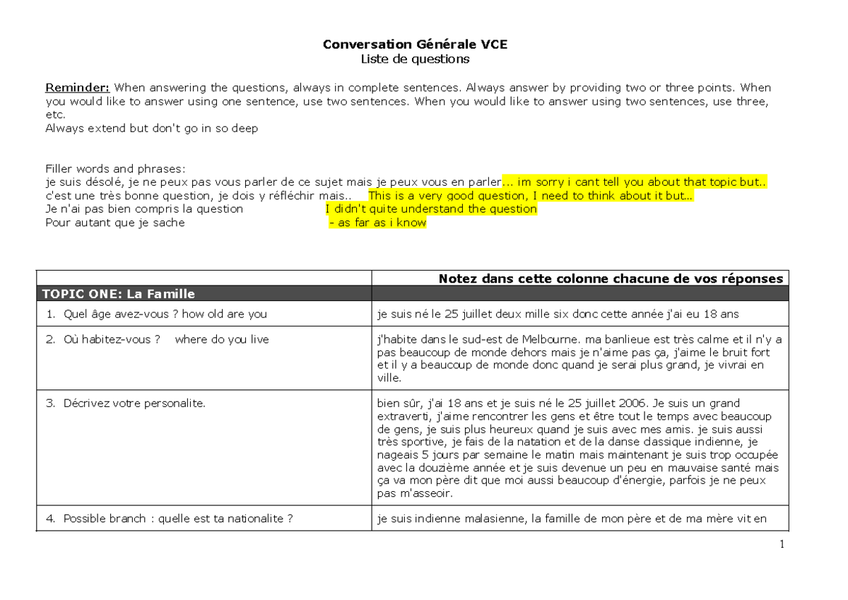 Conversation Générale VCE - Conversation Générale VCE Liste de ...