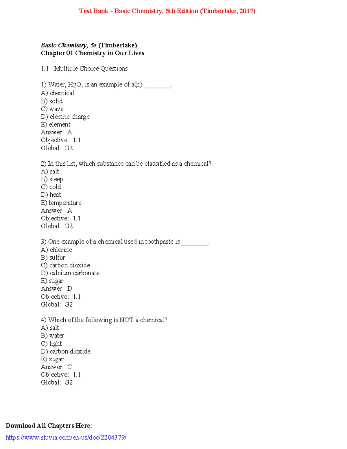 Test Bank - Basic Chemistry, 5th Edition (Timberlake, 2017 ) - Basic ...