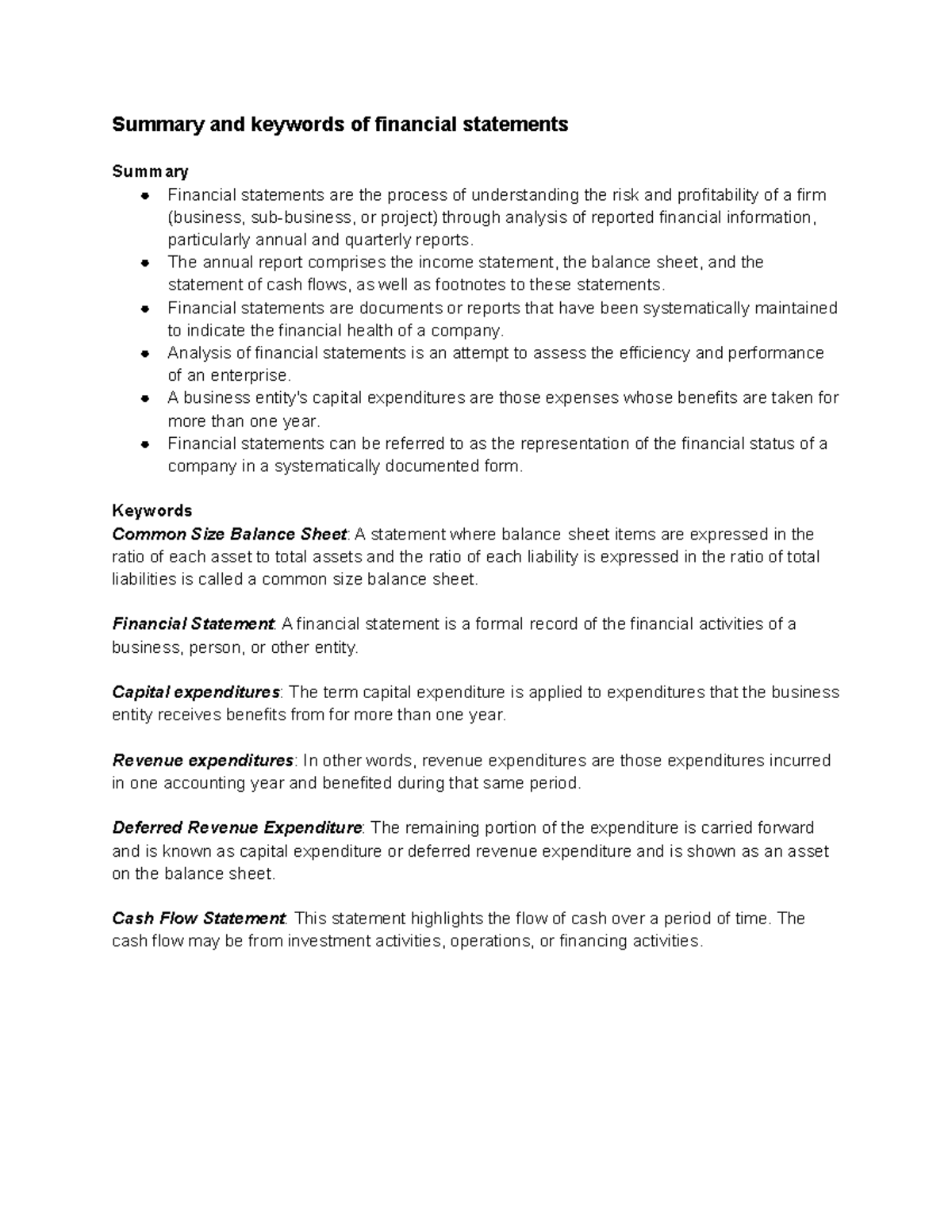 Summary and keywords of financial statements - Summary and keywords of ...