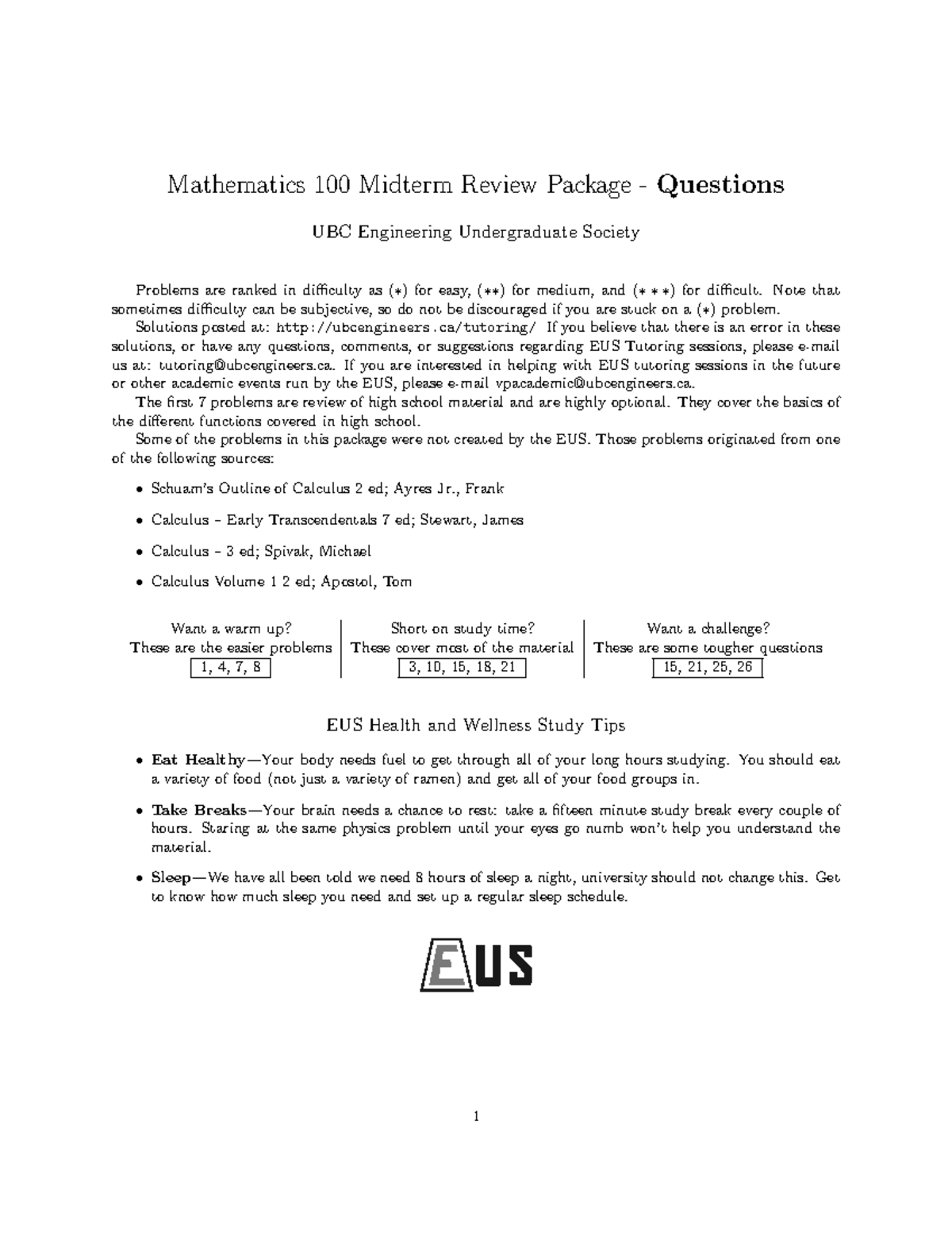 MATH 100 MT 2018 Condensed Q - Mathematics 100 Midterm Review Package ...