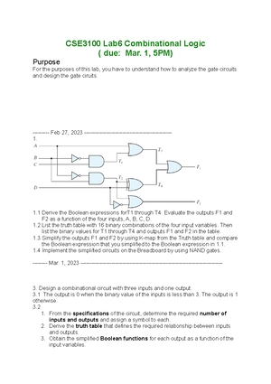 CSE3100 lab 3 - lab handout - Lab3 Gate-Level Minimization and Verilog programming using Vivado ...