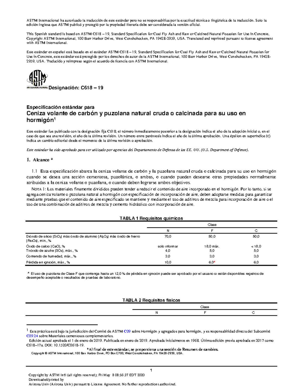 464922860 Astm c618 19 Spanish - ASTM Internacional ha autorizado la traducción de este estándar ...