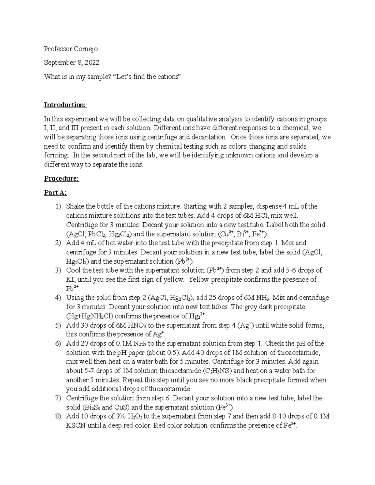 Let's find the cations - Chem 106 Hunter College Lab Report 4 ...