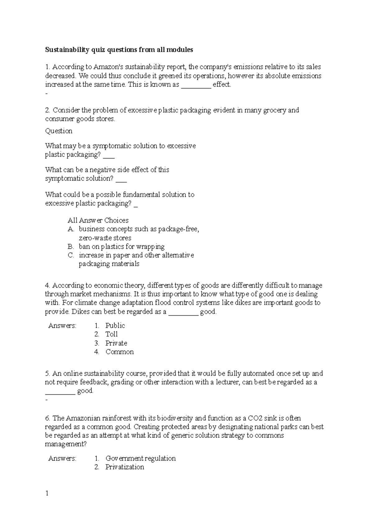 Sustainability quiz questions from all modules - Sustainability quiz ...