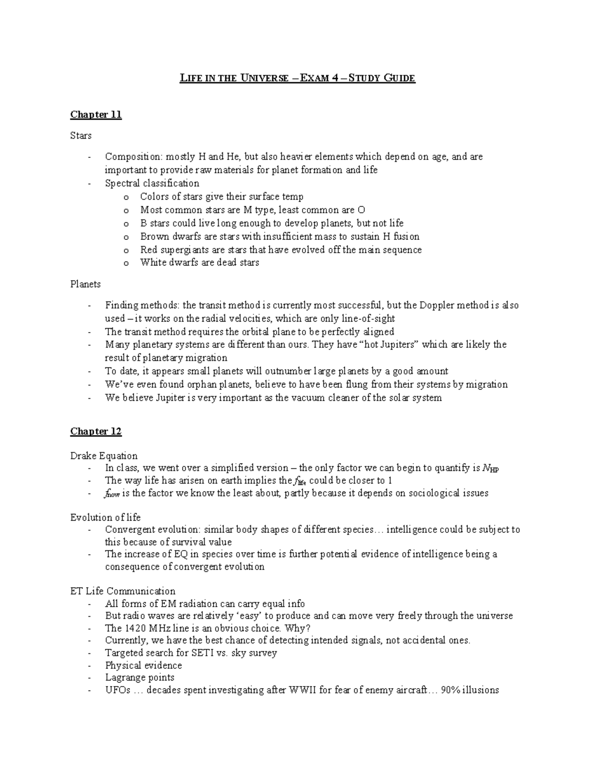 Exam 4 Study Guide - LIFE IN THE UNIVERSE – EXAM 4 – STUDY GUIDE ...