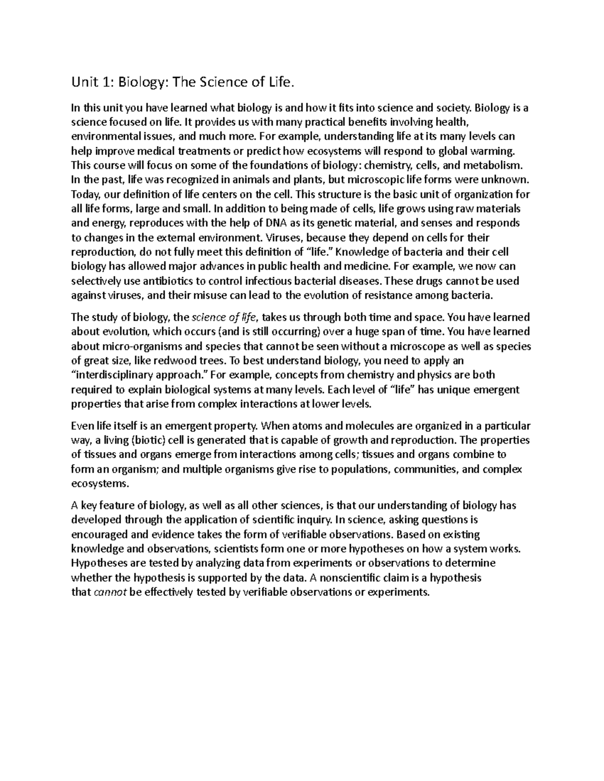 Intro to Bio Unit Summary - Unit 1: Biology: The Science of Life. In ...