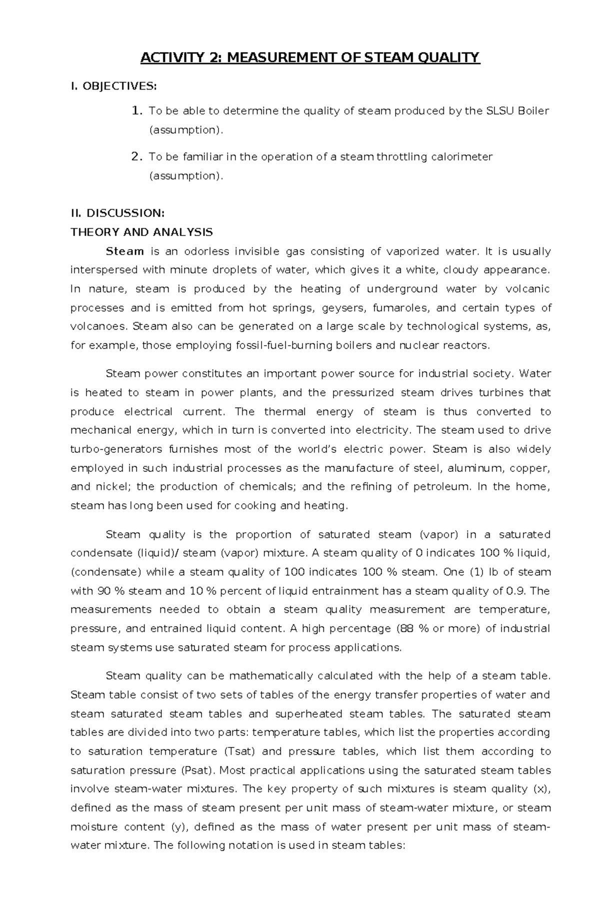 Activity 2 Measurement OF Steam Quality - ACTIVITY 2: MEASUREMENT OF ...