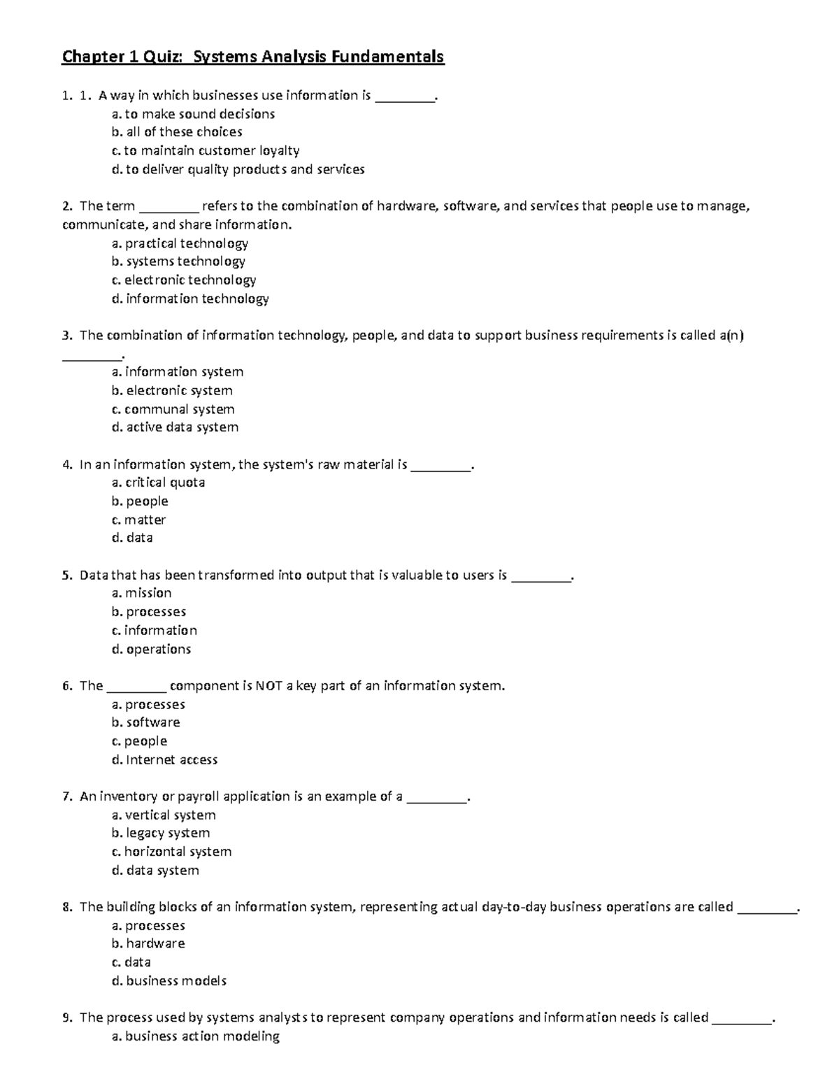 ICT2621-1 - Chapter 1 Quiz: Systems Analysis Fundamentals A way in ...
