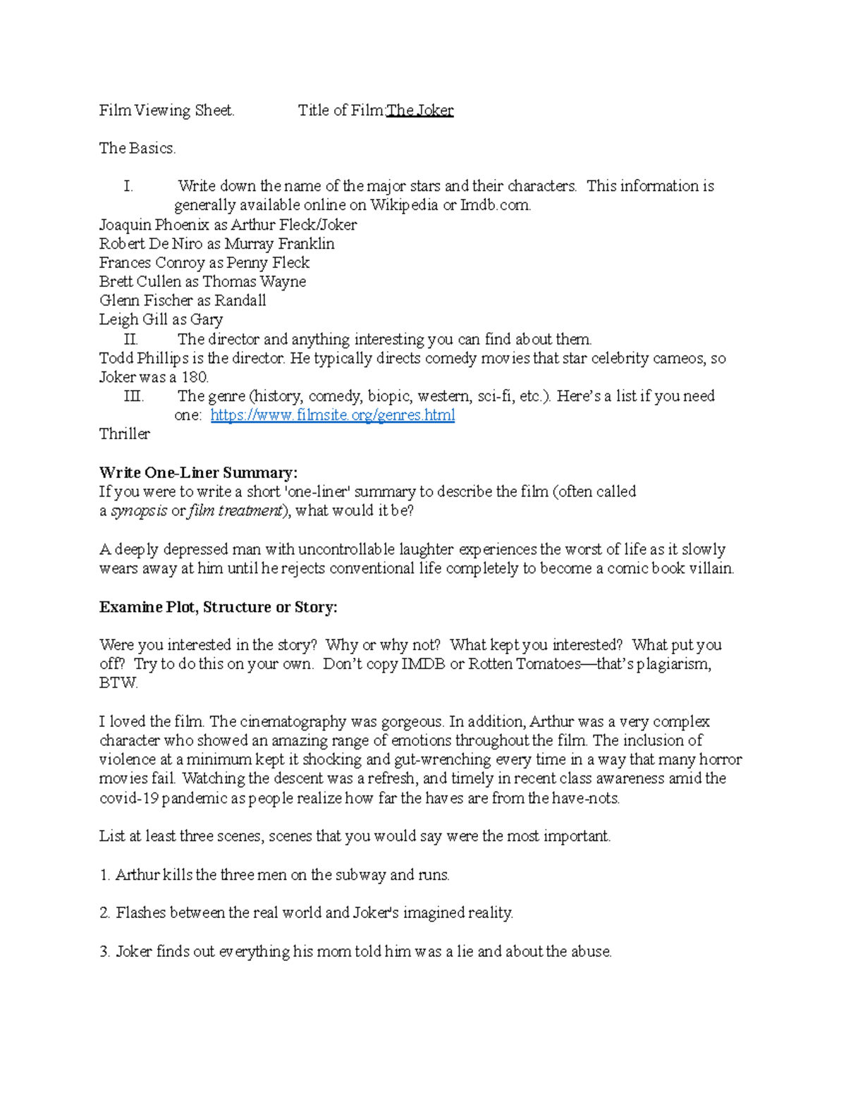 FVSR(3) - Ann Hall Final Grade: A - Film Viewing Sheet. Title of Film ...