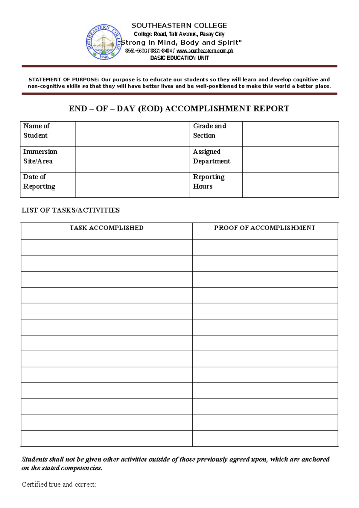 End of Day Accomplishment Report - SOUTHEASTERN COLLEGE College Road ...