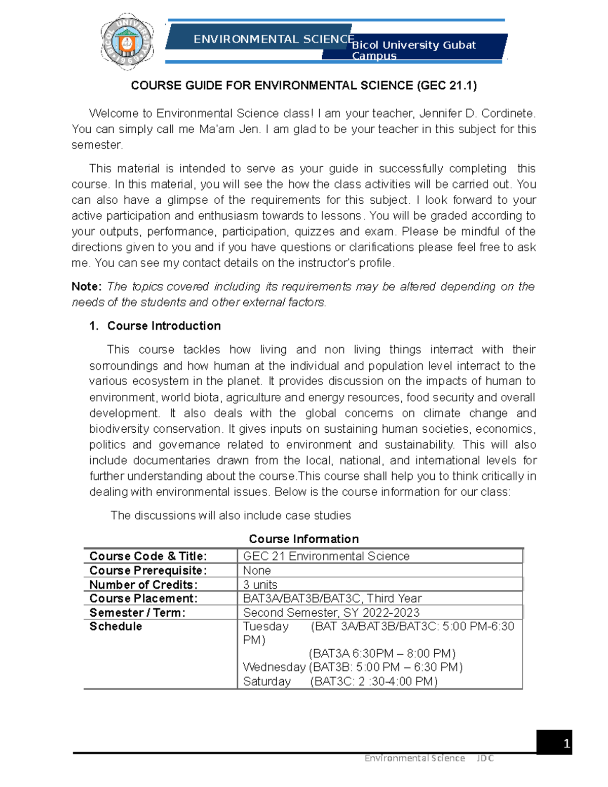 Course- Guide- Environmental- Science Jennifer Cordinete - COURSE GUIDE FOR ENVIRONMENTAL ...