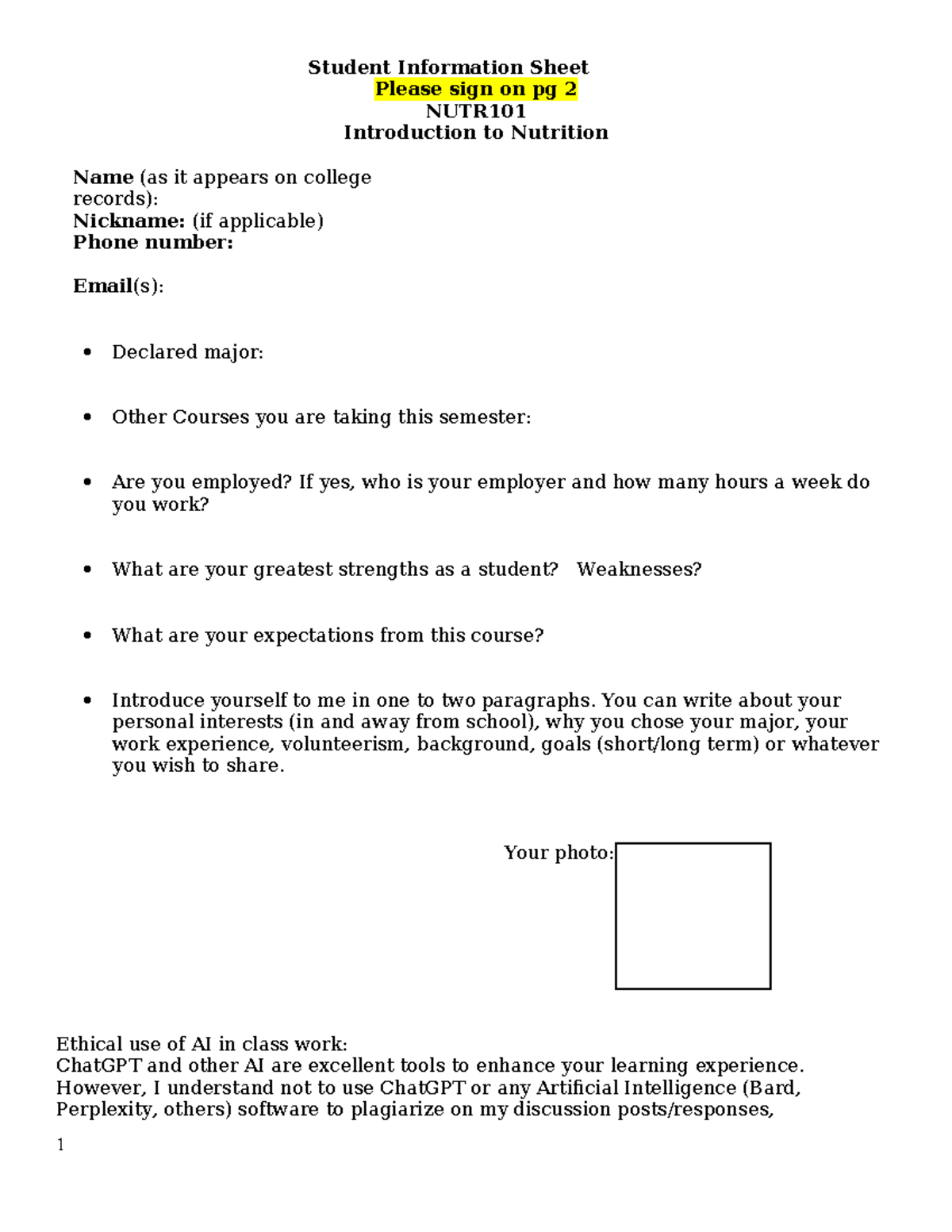 Assignment 1 MC Student Contact, Information & Agreement - Student ...