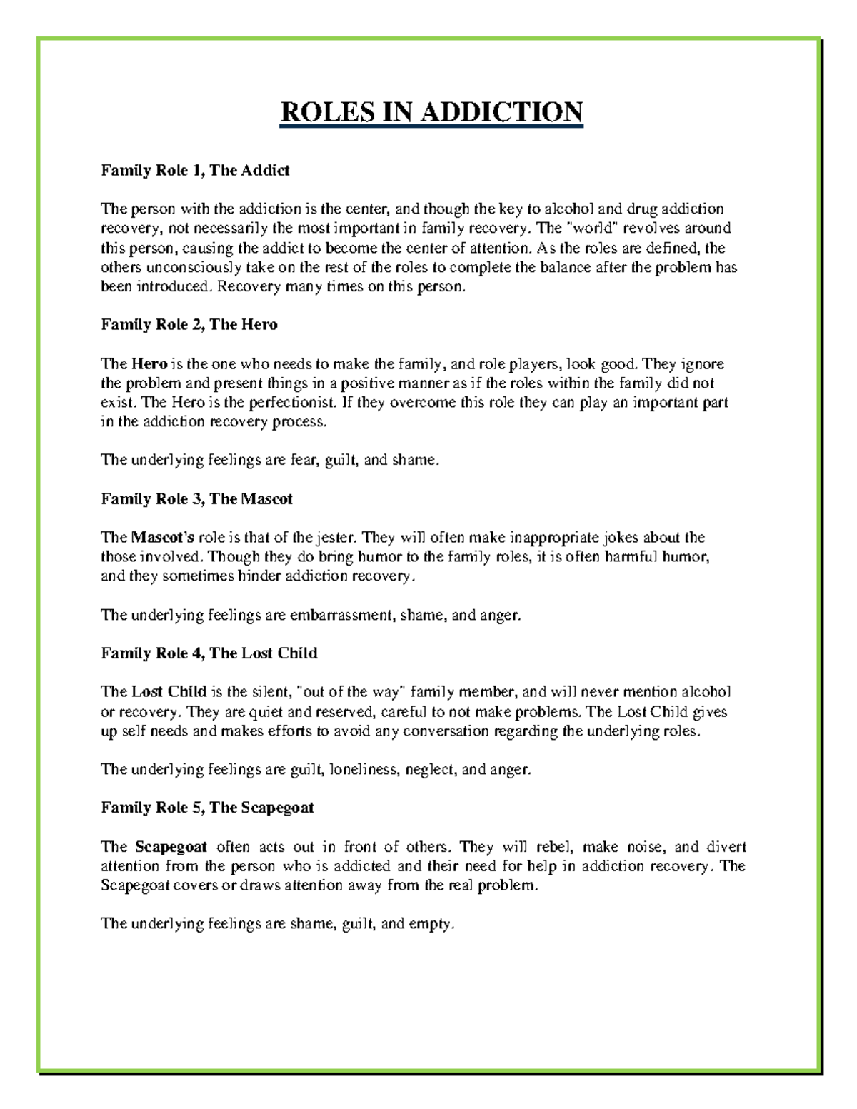 Familyroles - ROLES IN ADDICTION Family Role 1, The Addict The person ...