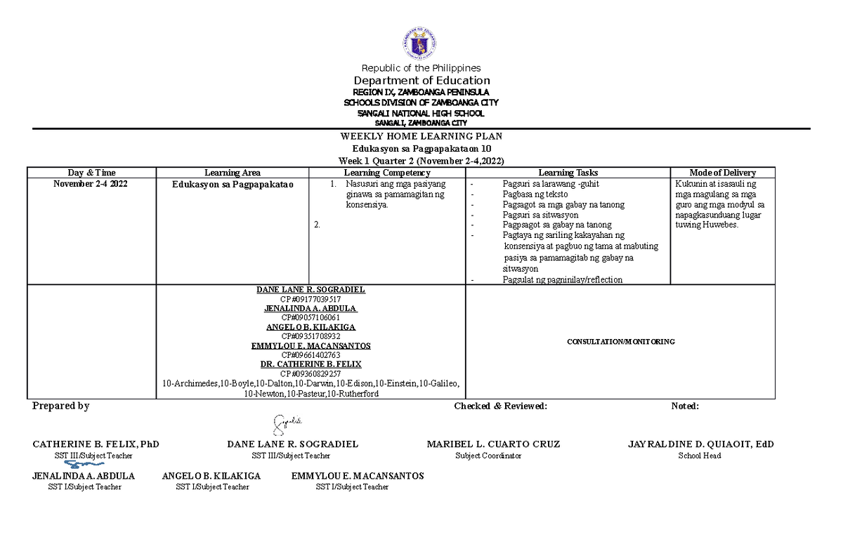 ESP10-WEEK1 Quarter 2 - This is a sample weekly learning plan for ESP ...